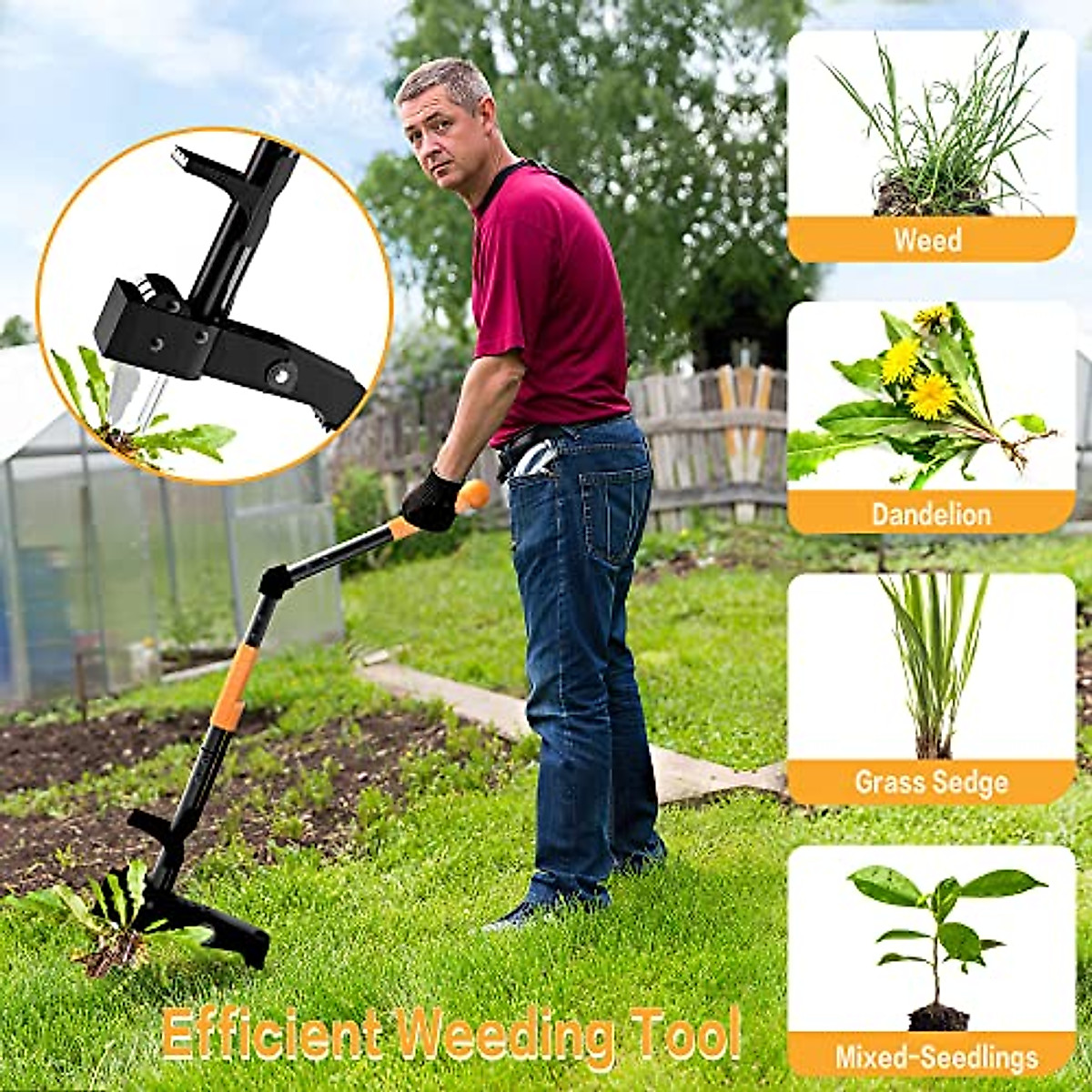 EEIEER Weed Puller Adjustable, 40’’ Stand-up Manual Weeders with 4 Claws, Efficient Weeding Tool for Lawn Yard Garden Patio