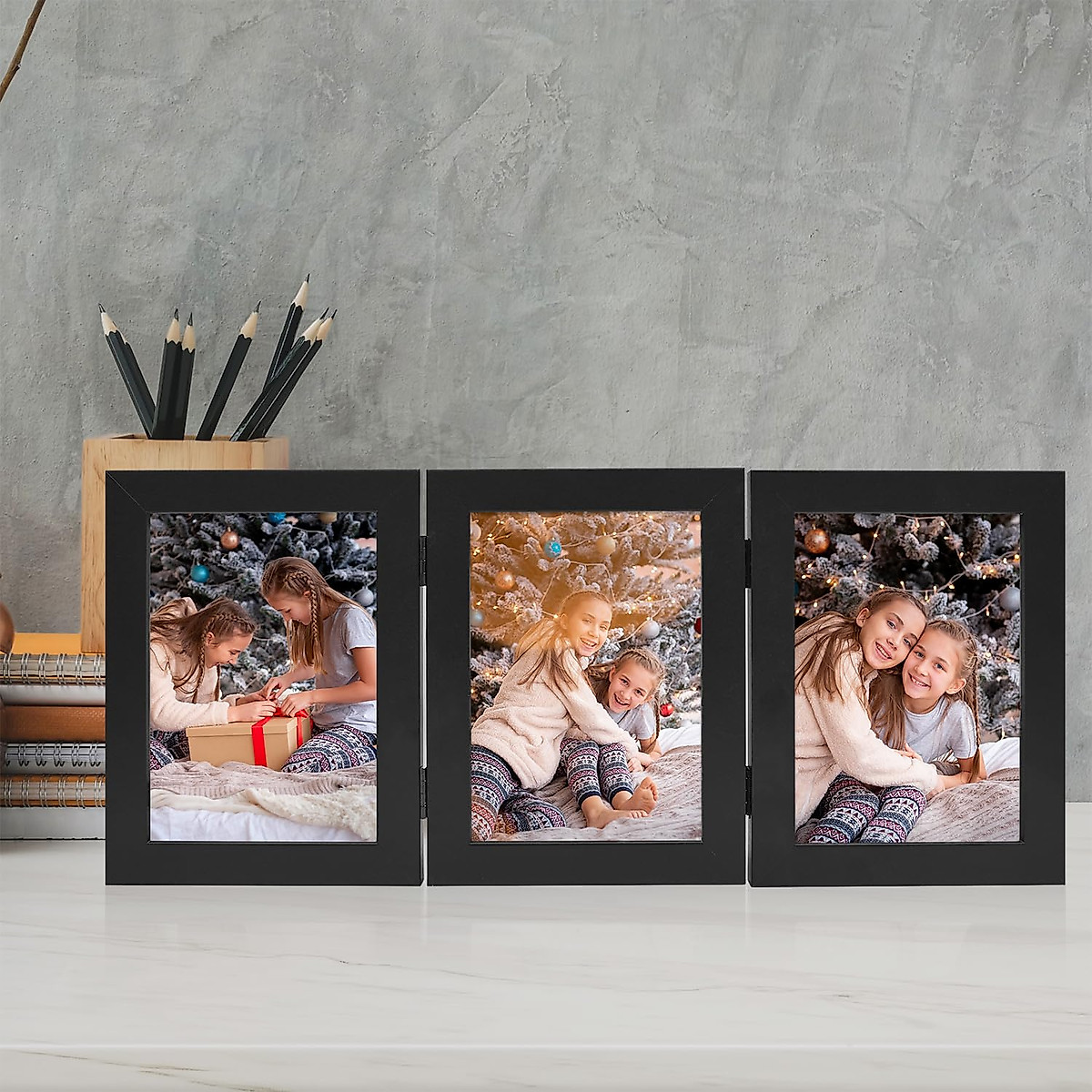 Frametory 5x7 Triple Picture Frames, Trifold Photos Frame Collage, Hinged Picture Frames with Glass Front Tabletop Display (Black, 1 Pack)