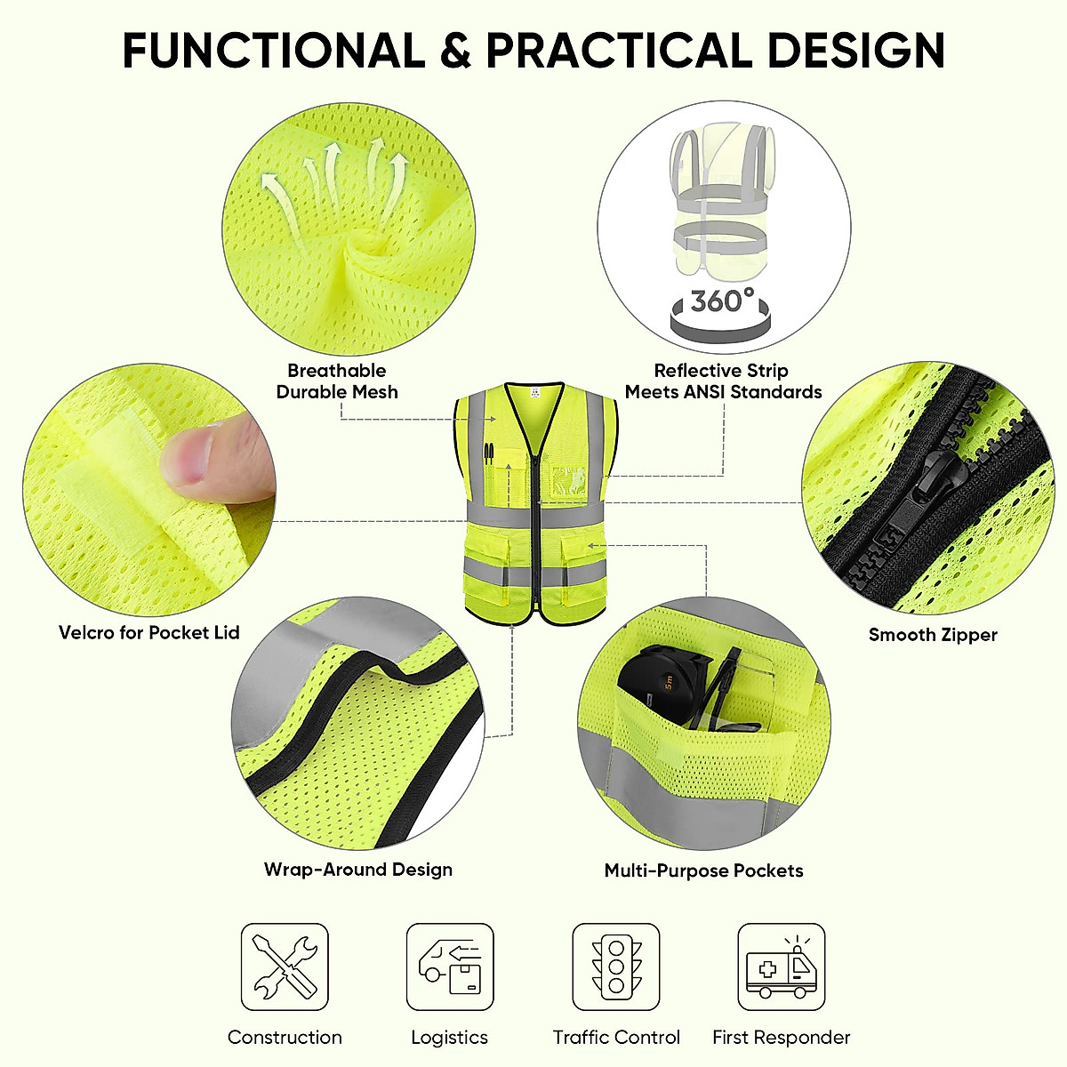 TICONN Reflective Safety Vest High Visibility Class II Mesh Vest for Women & Men Meets ANSI Standards (1PK, Yellow, XL)