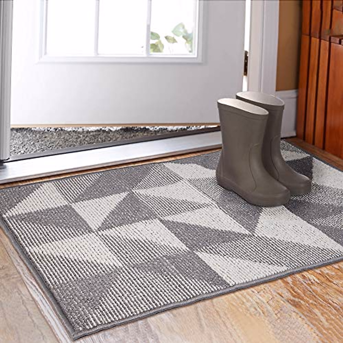 Indoor Doormat 32"x 48", Absorbent Front Back Door Mat Floor Mats, Rubber Backing Non Slip Door Mats Inside Mud Dirt Trapper Entrance Front Door Rug Carpet, Machine Washable Low Profile-Grey Geome