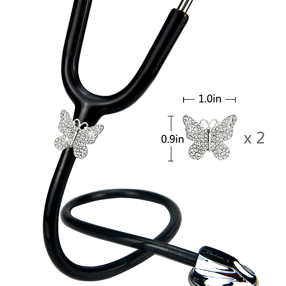 HEYGOO 2 Pack Bling Butterfly Stethoscope Charms for Doctor Nurse, Stethoscope Id Name Tag with Bling Silvery Rhinestones