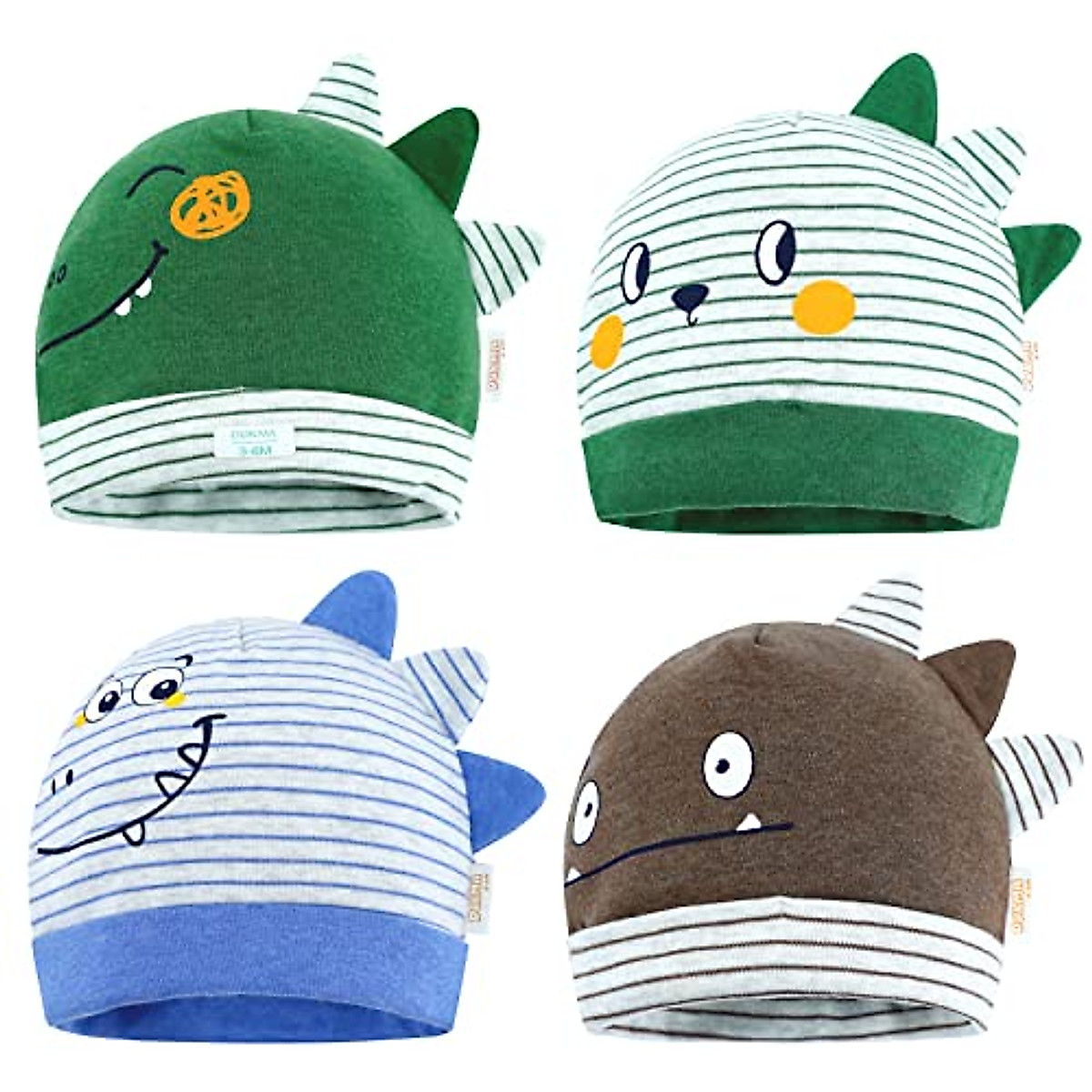 DOKMA Organic Cotton Toddler Hat Set 4 with Cute Dinosaur Design for Baby Boy, Baby Girl 0-6 Months