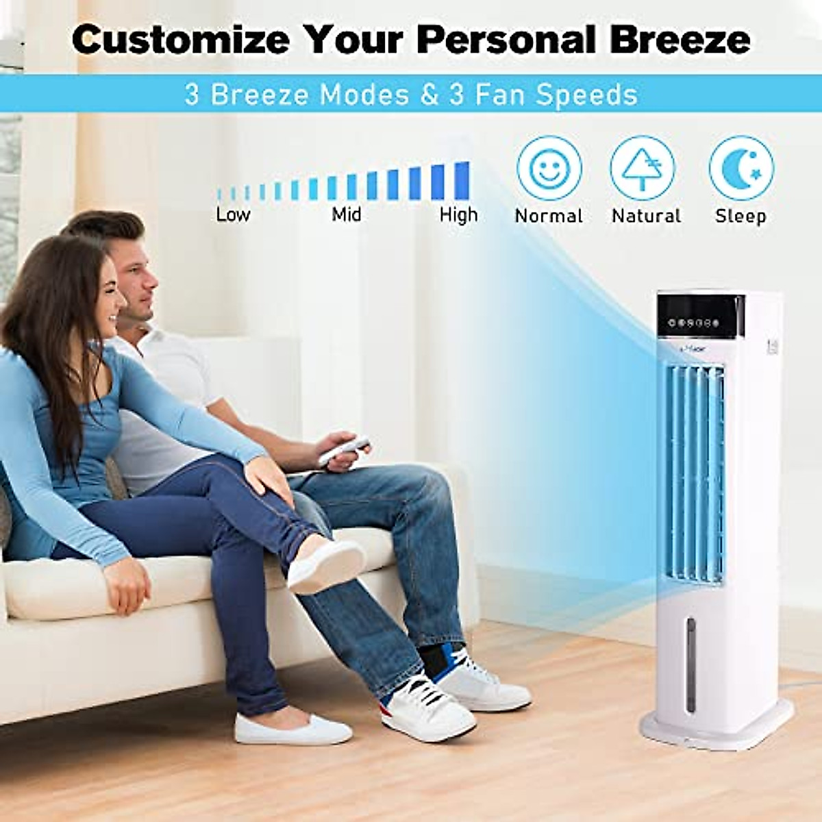 E-Macht Evaporative Air Cooler with Fan & Humidifier, 3-in-1 Portable Air Conditioners, 3 Speeds & 3 Modes, 80° Oscillation Swamp Cooler for Bedroom with Remote Control, 3L Water Tank, 2 Ice Packs