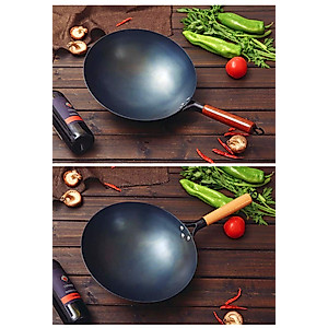 SERENITA Chinese 100% Hand Hammered Iron Woks Stir Fry Pans, Non-stick, No Coating, Less Oil, 34CM, Black Seasoned Wooden handle