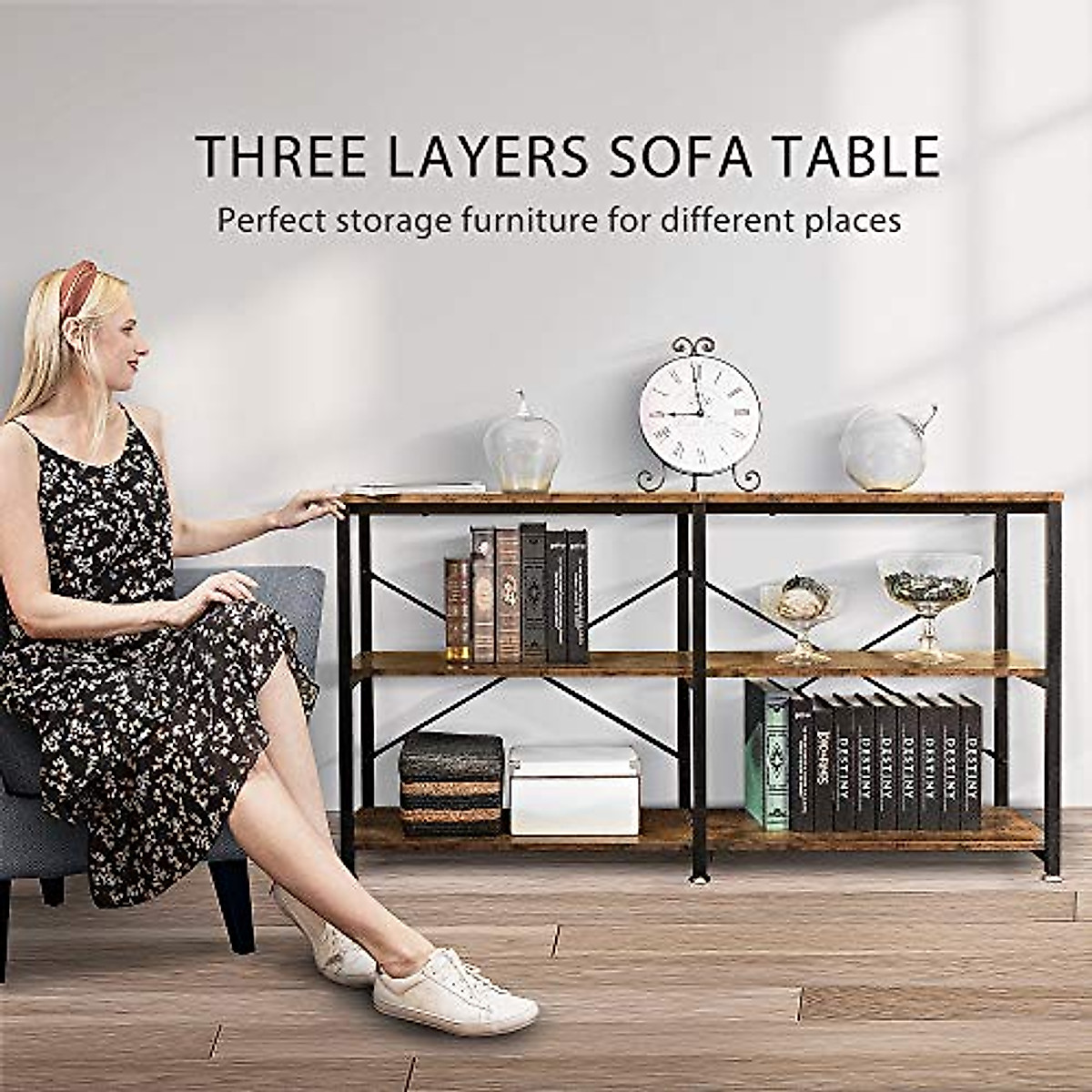 VIVOHOME 55 Inch Narrow Console Table, Industrial Sofa Table Behind Couch with 3-Tier Storage Shelves, Metal Frame, Easy Assembly, for Entryway, Hallway, Living Room