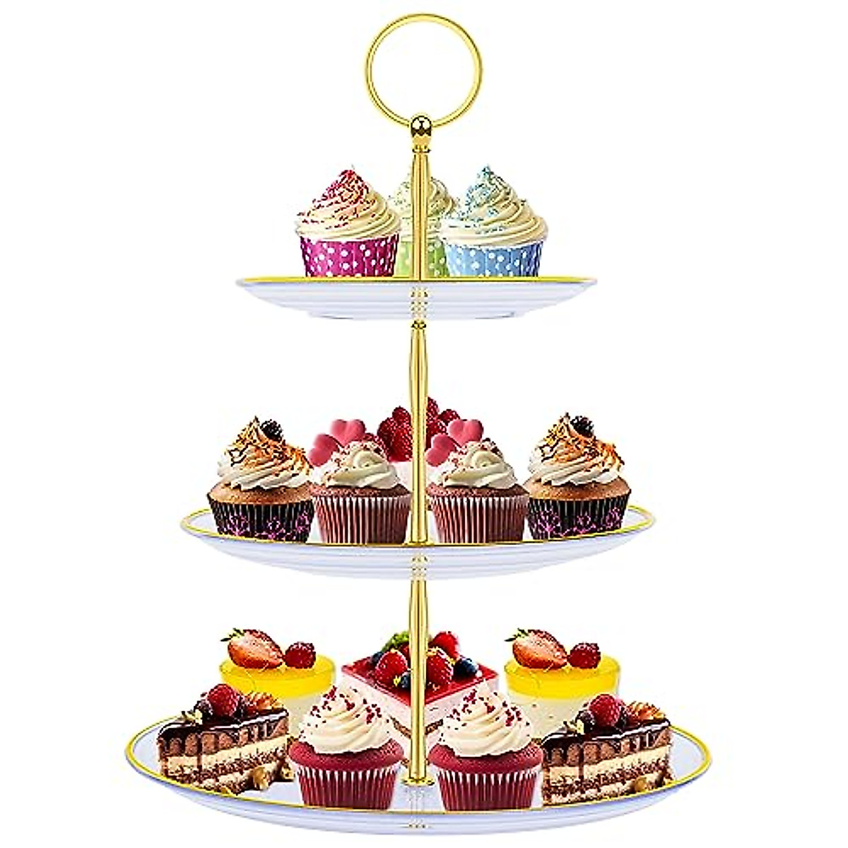 PinCute Cupcake Stand Holder - 3 Tier Cup Cake Dessert Tower, Plastic Tiered Serving Tray&Metal Rod for Birthday Party, Baby Shower and More