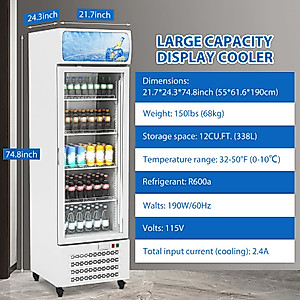 GAOMON Commercial Refrigerators Display Fridge 12 Cu.ft, Beverage Refrigerator and Cooler with Adjustable Removable Shelves and LED Light for Home, Store, Gym, Bar or Office, Single Swing Door