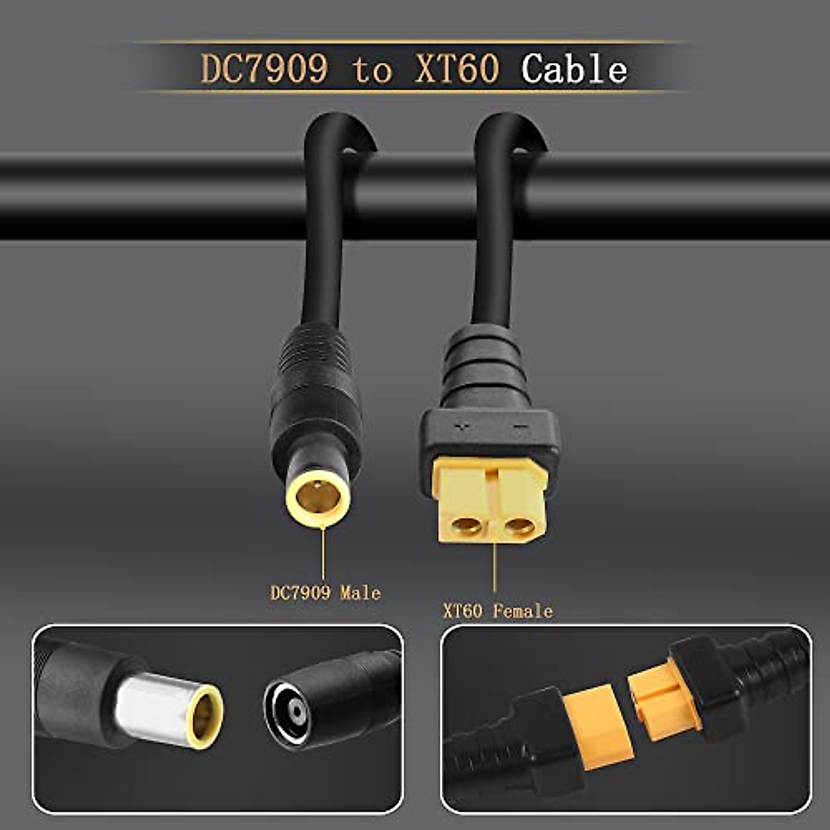 QIANRENON DC 7.9mm×0.9mm to XT60 Lithium Battery Charging Cable,DC 7909 Male to XT60 Female Solar Panel Connection Cable 12V-24V,14AWG,for Lithium Battery Pack,Portable Solar Generator,1.5m/4.9ft