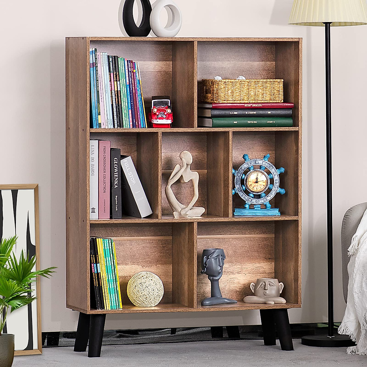 LEYAOYAO 7 Cube Bookshelf 3 Tier Modern Bookcase with Legs,Wood Book Shelves Storage Organizer Shelf,Free Standing Bookcases,Oak Display Bookshelves