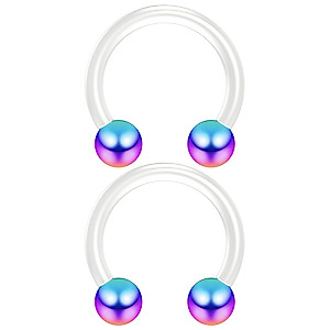 Evonix 2pc 16g Flexible Bioflex Circular Barbell Horseshoe Septum Ring Bioplast Piercing 8mm Rainbow Ball