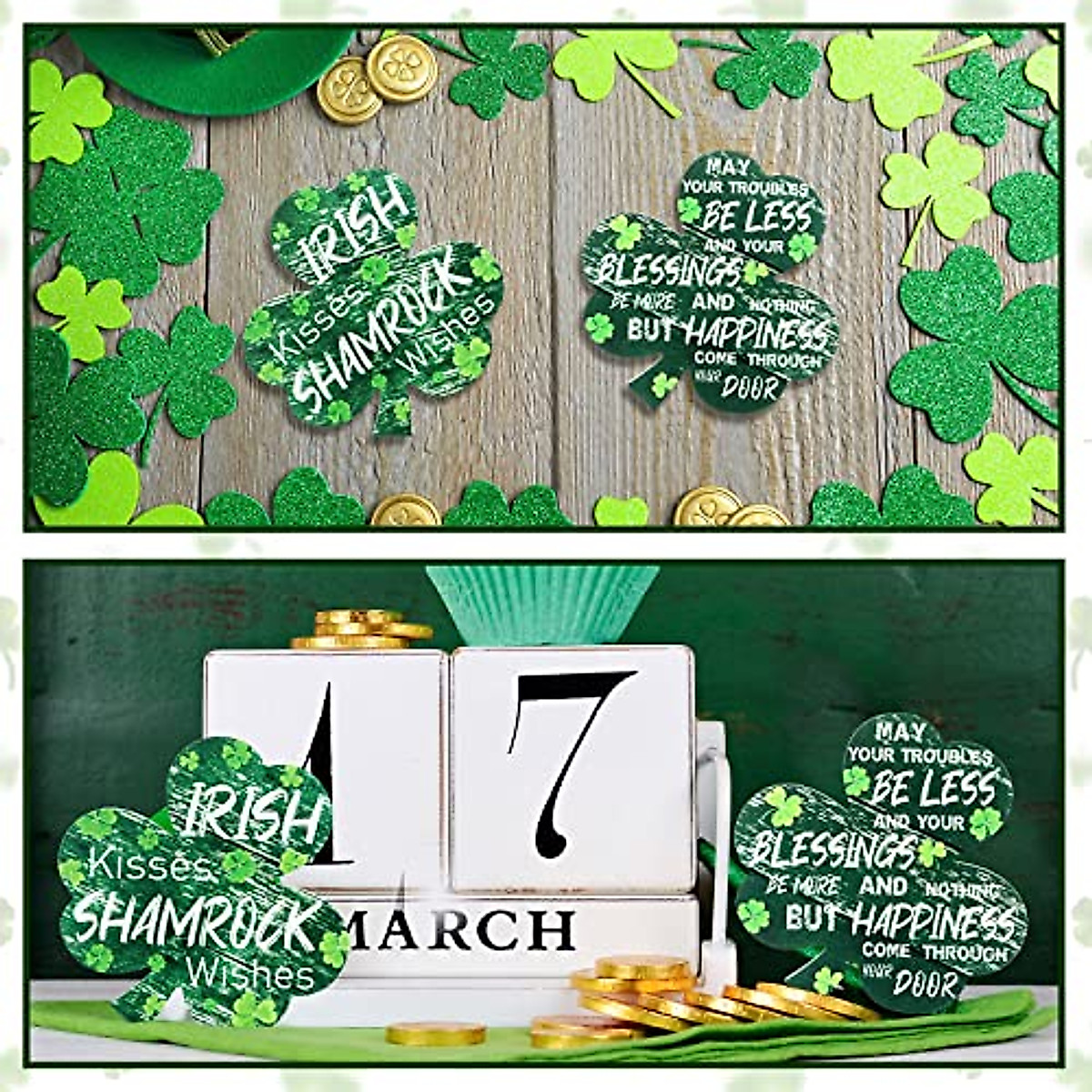 2 Pcs St Patrick's Day Table Wooden Signs Shamrocks Ornaments Irish Themed 5.91x5.78 Inch Lucky Tabletop St. Patrick's Table Decor Rustic Wood Centerpieces Green Shamrock Blocks Office Home Decor