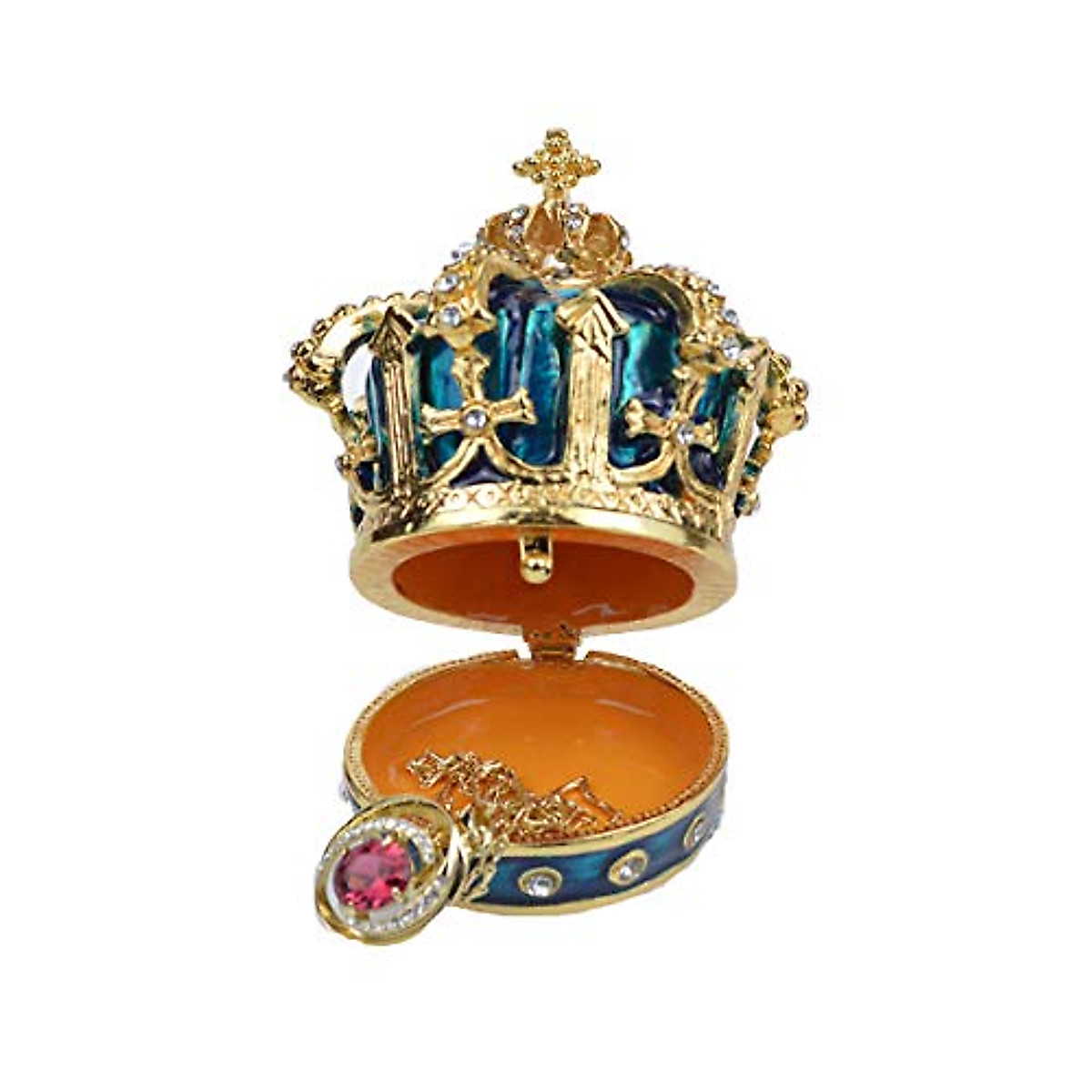 QIFU Hand Painted Enameled Blue Crown Style Decorative Hinged Jewelry Trinket Box Unique Gift or Home Decor