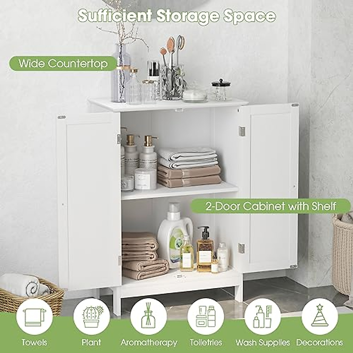 GLACER Bathroom Floor Cabinet, Wooden Freestanding Storage Cabinet with Double Doors, Suitable for Bathroom, Living Room, Bedroom, Entryway, 23.5 x 14 x 34 inches (White)