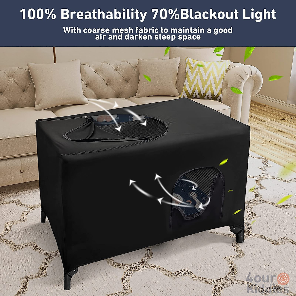 Blackout Cover for Pack N Play, Stretchy Breathable Travel Crib Canopy for Playard, Baby Darkening Crib Tent and Shade for Safeguard Indoor or Outdoor Sleeping, Playing, Napping
