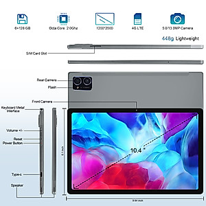 Veidoo Android Tablet 10.4 Inch, 6GB + 128GB Memory(Up to 2TB), 2K 1200 * 2000 FHD Screen, Octa-Core Processor, GPS, 2.4G/5G WiFi, Bluetooth 5.0, Dual Nano SIM Card 4G LTE Tablet (Gray)