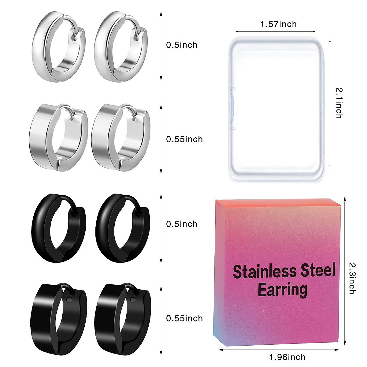 ONESING 12 Pairs Mens Earrings Stainless Steel Earrings for Men Stud Earrings Black Hoop Earrings Silver Flat Back Earrings Hypoallergenic Earrings Set Piercings Jewelry for Men