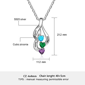 Personalized Sterling Silver 3 Heart Simulated Birthstone Mothers Pendant Necklace with Names Engraved Pendant Family Necklace for Women (3 Names)