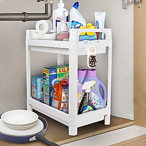 Layway Multipurpose Under Sink Storage Rack for Closet Cabinet,Under Bathroom Kitchen Sink Organizer,2 Tier Countertop Collection Baskets Shelf with Hooks for Home Office (White)