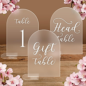 17 Pieces Wedding Table Numbers with Stands, Table Numbers 1-15 with Head Table and Gift Table, 5x7 Inch Frosted Arch Acrylic Table Numbers with White Letters, Table Numbers for Wedding Reception