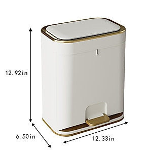 Bathroom Trash Can with Lid, Plastic 3 Gallon Garbage can with Press top Lid, Gold Step Pedal Trash can, Narrow White Trash bin for Kitchen, Bathroom, Bedroom, Living Room, Office, Dog Proof Trash Can