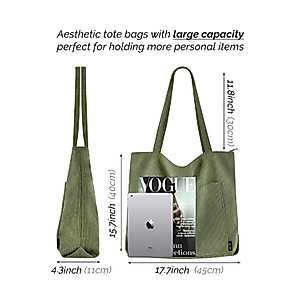 Prite Corduroy Tote Bag for Women Large Shoulder Bag with Zipper and Pockets for College Work Travel Shopping(Green)