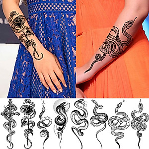 Goromon 10 Sheets Realistic Snake Temporary Tattoos For Women Men Forearm Arm Sexy 3D Tribal Cobra Mamba Viper Serpent Tattoos Temporary Adults Kids Fake Tattoos Sticker Black Sword Rose Flower Tatoos