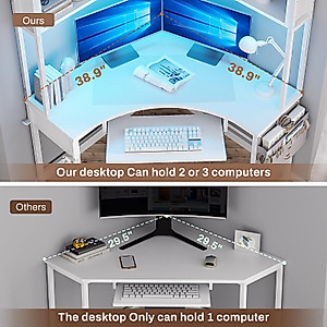 SEDETA Corner Desk, Small Computer Desk with Hutch & LED Lights, Triangle Corner Computer Desk with Keyboard Tray, Storage Bag, and Headphone Hook for Small Space, Small Office Desk, White