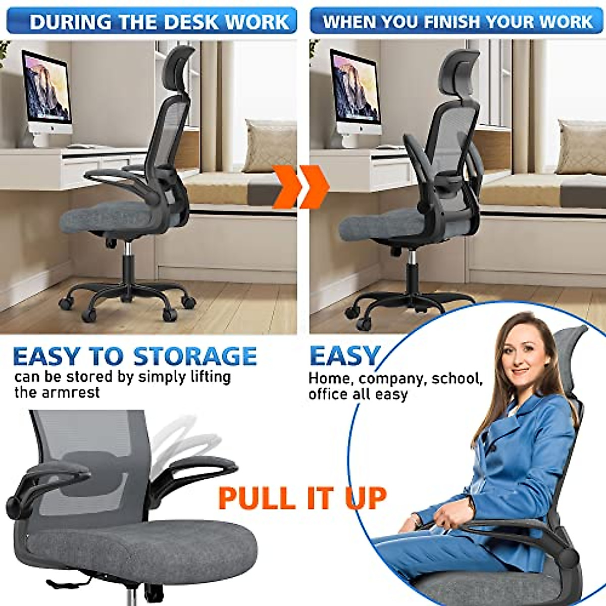 Ergonomic Office Chair, Home Office Desk Chair with Adjustable Headrest & Lumbar Support. High Back Mesh Computer Chair with Thickened Cushion &Flip-up Armrests, Task Executive Chair (Graphite)