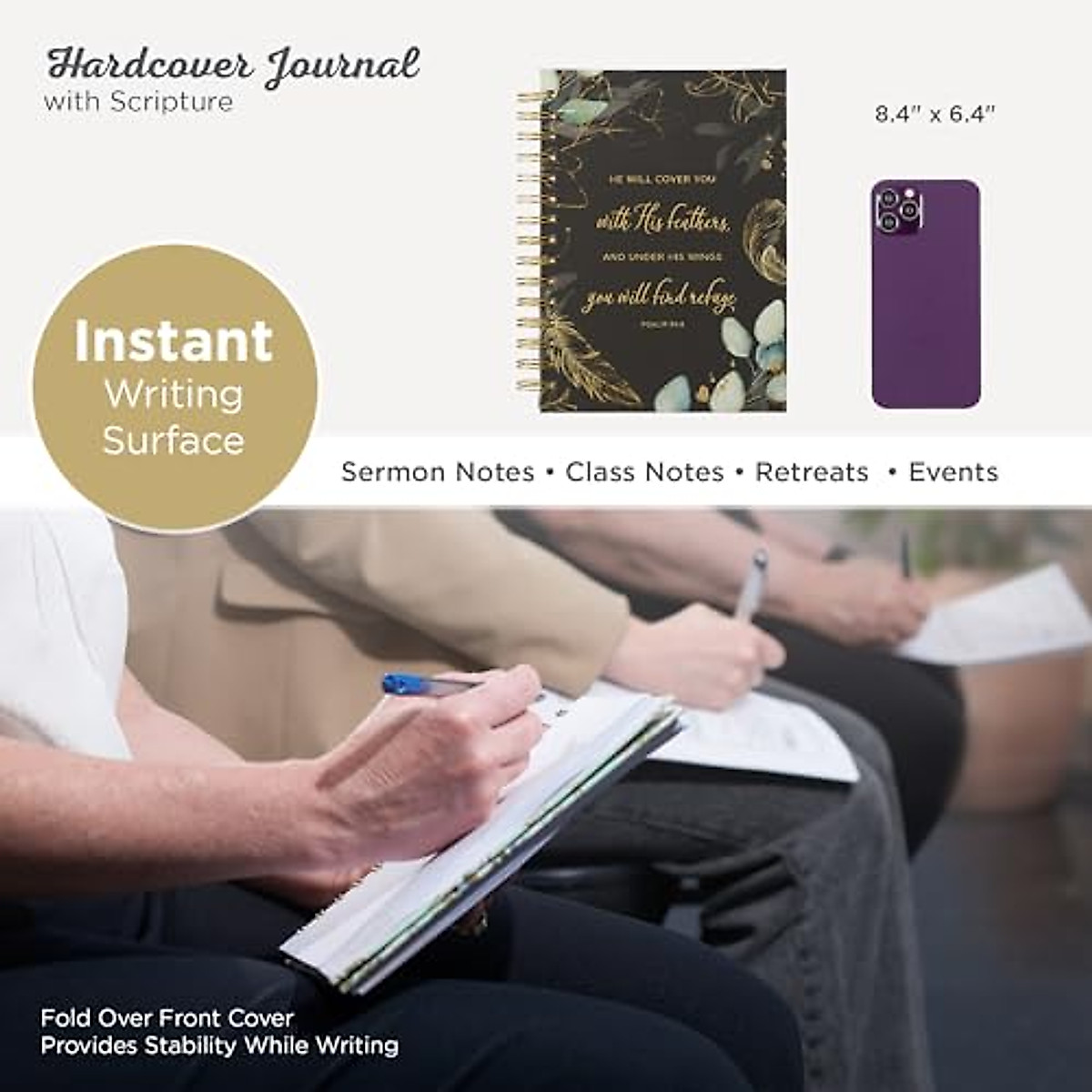 Christian Art Gifts Journal w/Scripture He Will Cover You With His Feathers Psalm 91:4 Bible Verse Teal and Gold 192 Ruled Pages, Large Hardcover Notebook, Wire Bound