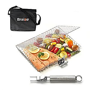 Braize Grill Basket with REMOVABLE HANDLE, fish grill basket - accessories for outdoor grill, cooking accessories, bbq grill. Grilling grilling set camping gear accessories.