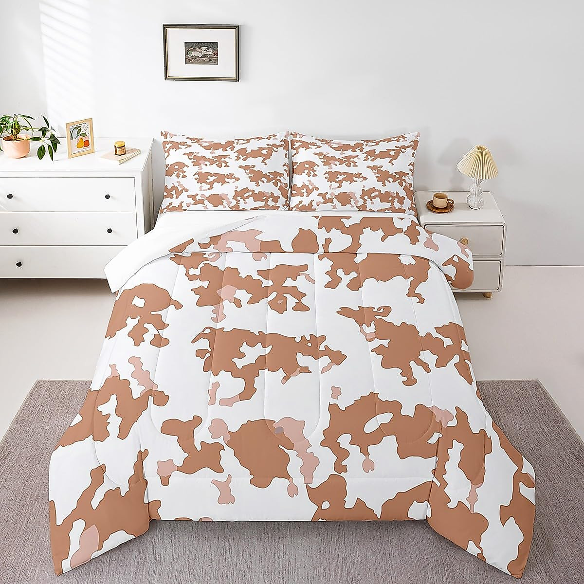 Erosebridal Ochre Yellow Cowhide Bedding Set Farm Animals Quilt,Bull Cattle Longhorn Cow Print Comforter Set Farmhouse Western Animal Skin Duvet Insert Full,Wild Animal Room Decor for Teen Girls