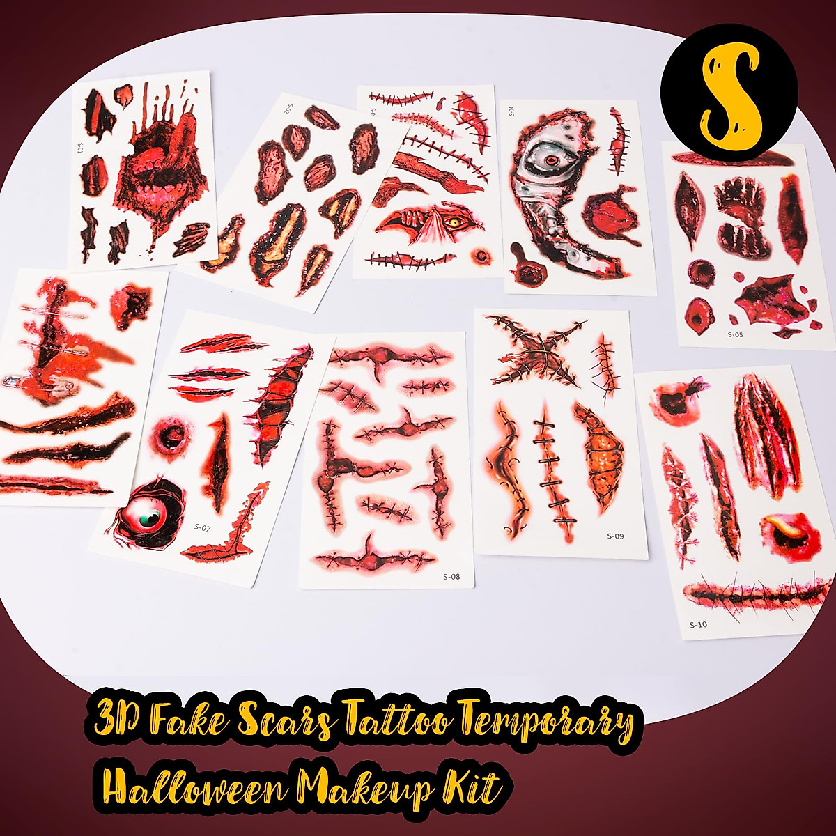 YOSENG Horror Realistic Fake Bloody Wound Stitch Scar Scab Waterproof Temporary Tattoo Sticker Halloween Masquerade Prank Makeup Props for face,body-10PC（YS-10)