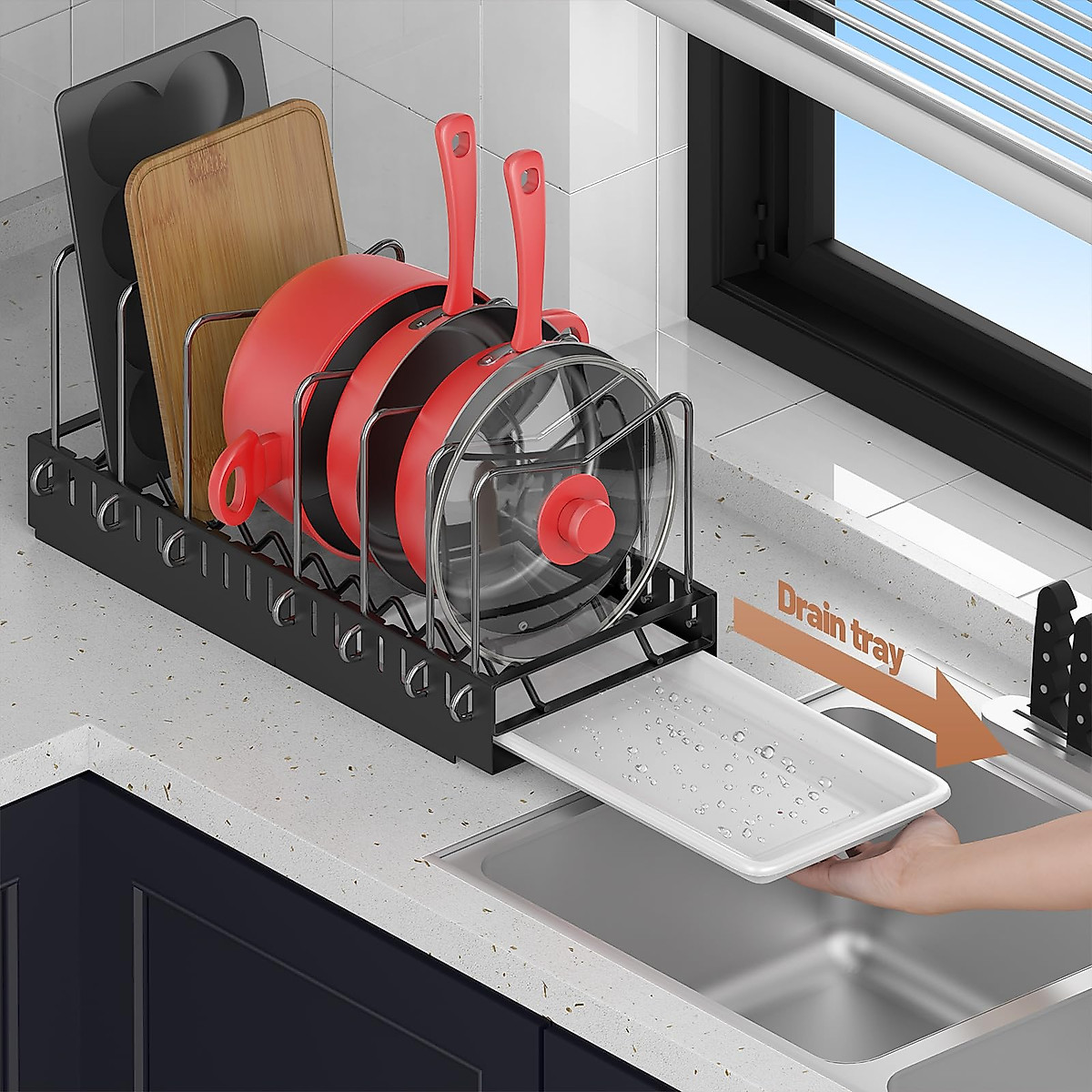 CENLEN Pull Out Pots and Pans Organizer Under Cabinet, Slide Out Pot Lid Organizers Inside Cabinet, Pull Out Lid Holder for Pots and Pans, Sliding Kitchen Cabinet Organizer (Black)