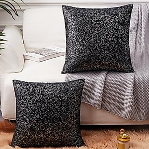 EUCIOR Black and Silver Pillow Covers,Black Pillow Covers 24x24,Light Silver Pillows Both Sides Sparkle Silver Foil Print,Decor Soft Velvet Hidden Zipper Closure Accent Pillows Set of 2