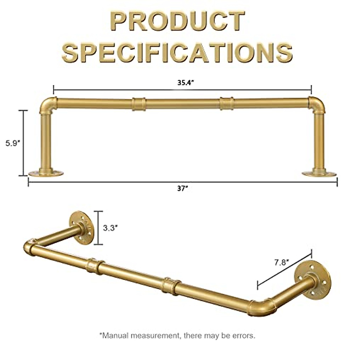 Industrial Pipe Clothing Rack, 29 Inch Wall Mounted Clothes Rack, Gold Clothing Rod for Closet Storage, Laundry Room and Balcony, Multi-Purpose Hanging Bar (Gold)