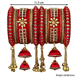 Aheli Wedding Party Designer Velvet Faux Stone Studded Bridal Bangle Set Chuda with Hangings Indian Traditional Ethnic Fashion Jewelry for Women(Red)