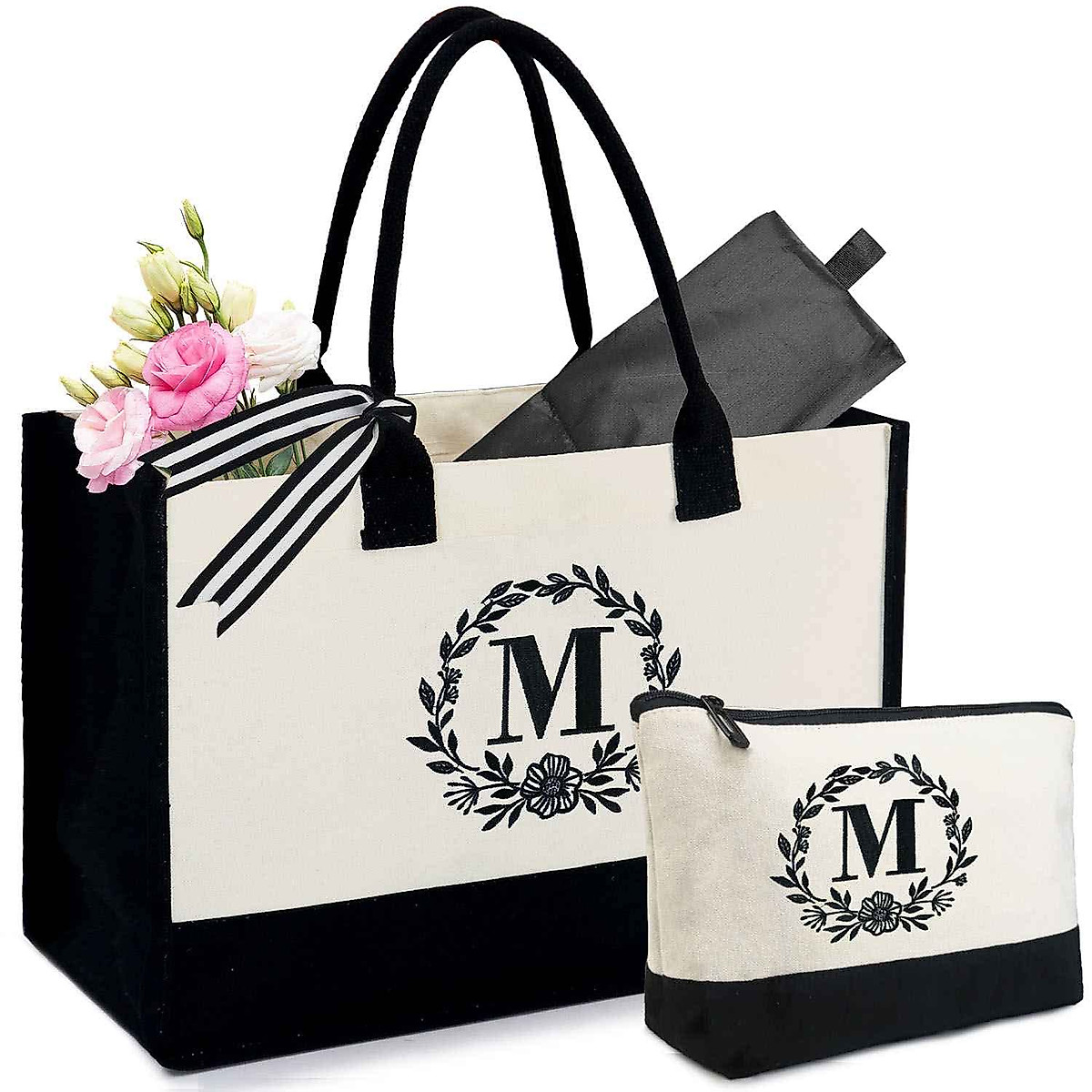 BeeGreen Initial Canvas Tote Bag w Makeup Bag Monogram Embroidery Tote Bags for Women w Inner Zipper Pocket Personalized Gifts for Friends Birthday Mother Hostess Bridesmaid Letter M