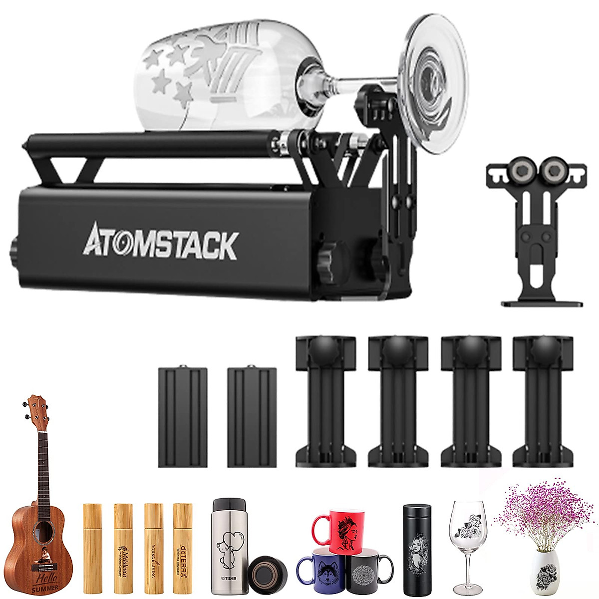 ATOMSTACK R3 Pro Laser Rotary Roller, Engraving Auxiliary Module for Laser Engraver, 360° Y-axis Rotating Roller for Carving of Goblet/Cylindrical/Round/Oversized Objects (R3 Pro Rotary Roller)