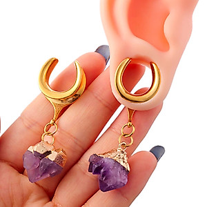 Casvort 2 PCS 12mm (1/2'') Hypoallergenic 316 Stainless Steel Gold Saddle Tunnels Hangers Amethyst Stone Dangle Ear Gauges Plugs Stretcher Earring Body Jewelry