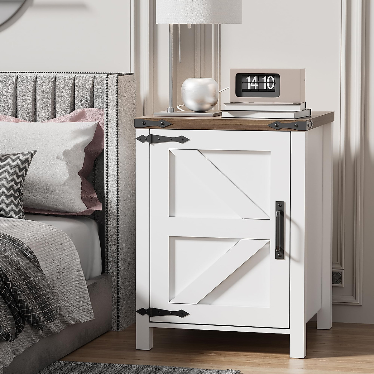 PakaLife Farmhouse End Table with Charging Station, 17.7" Side Tables Living Room with Barn Door & Adjustable Shelf, Bed Side Table/Nightstand w/Magnetic Door for Bedroom