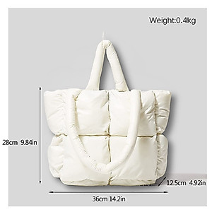 Puffer Tote Bag, Trendy Luxury Chic Quilted Large Padded Designer Handbags for Women Cotton Winter Soft Shoulder Bag for Women (White)