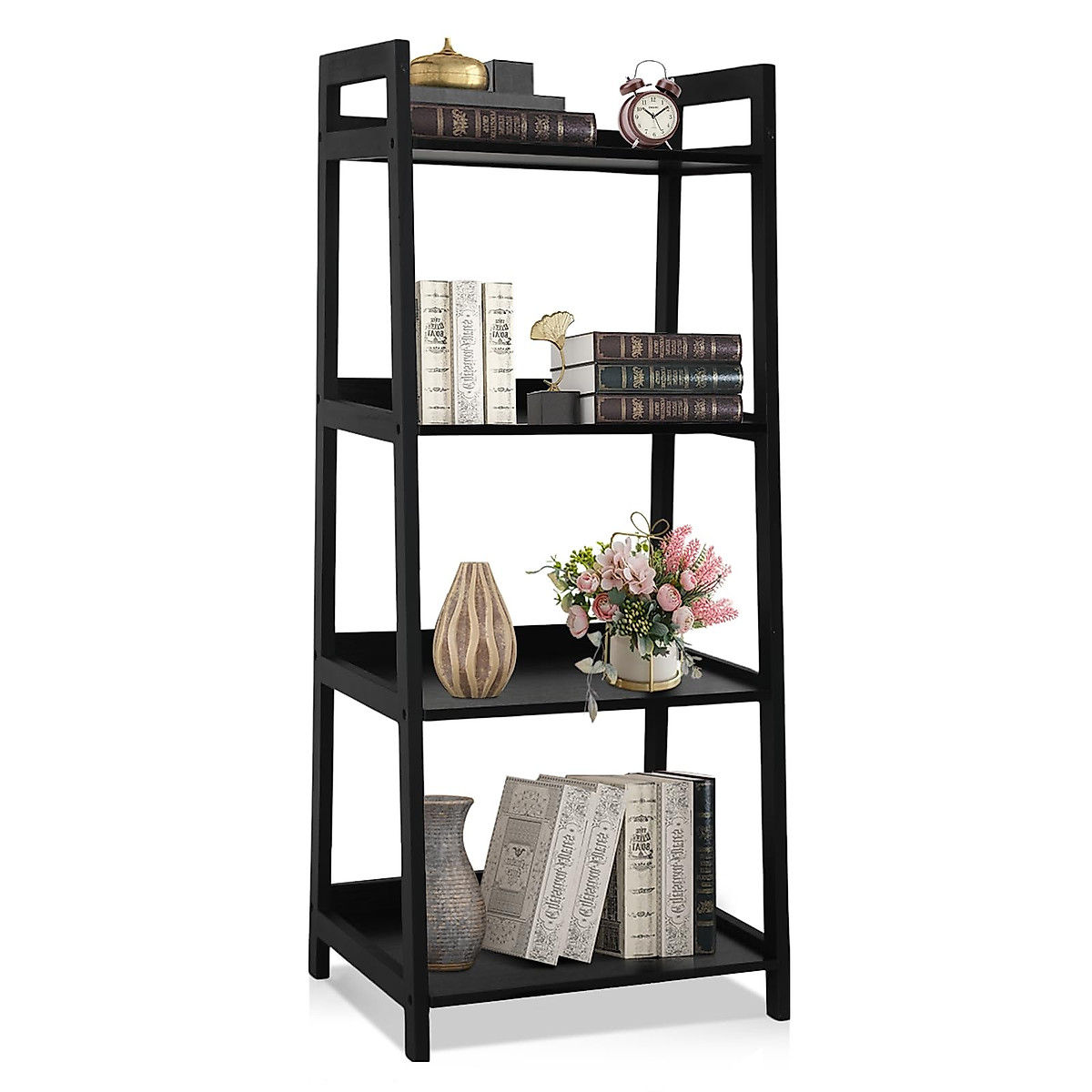 ECOMEX 4-Tier Ladder Shelf Modern Style Shelf, Ladder Bookshelf Open Storage Rack Wood Ladder Shelf with Solid Pine Frame, Freestanding Ladder Shelves for Home Office, Bedroom (Black)