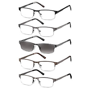 EYECEDAR 5-Pack Reading Glasses for Men Rectangular Metal Half-Frame Spring Hinges with Sun Readers Glasses Mens Readers 2.5