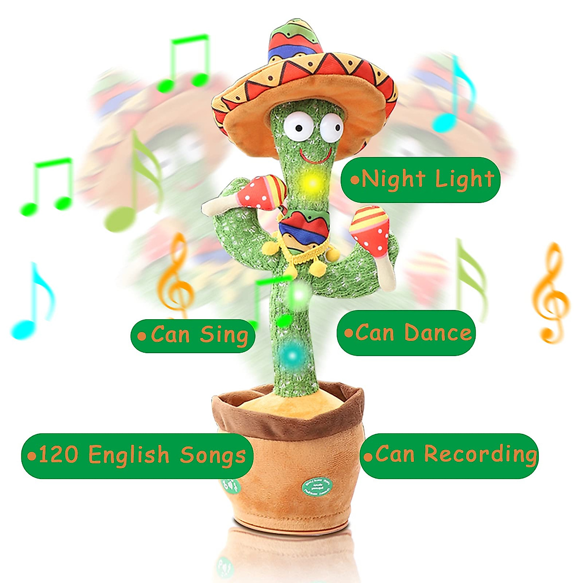 Dancing and Singing Cactus Toy，Repeat What You Said and Emit Colored Lights Cactus Toy，USB Charging, Sing 120 Songs, Fun Toy Gifts for Boys and Girls (Green)