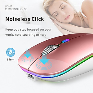 Uiosmuph LED Wireless Mouse, G12 Slim Rechargeable Silent 2.4G Portable Optical Wireless Computer Mice with USB Receiver and Type C Adapter (Rose Gold)
