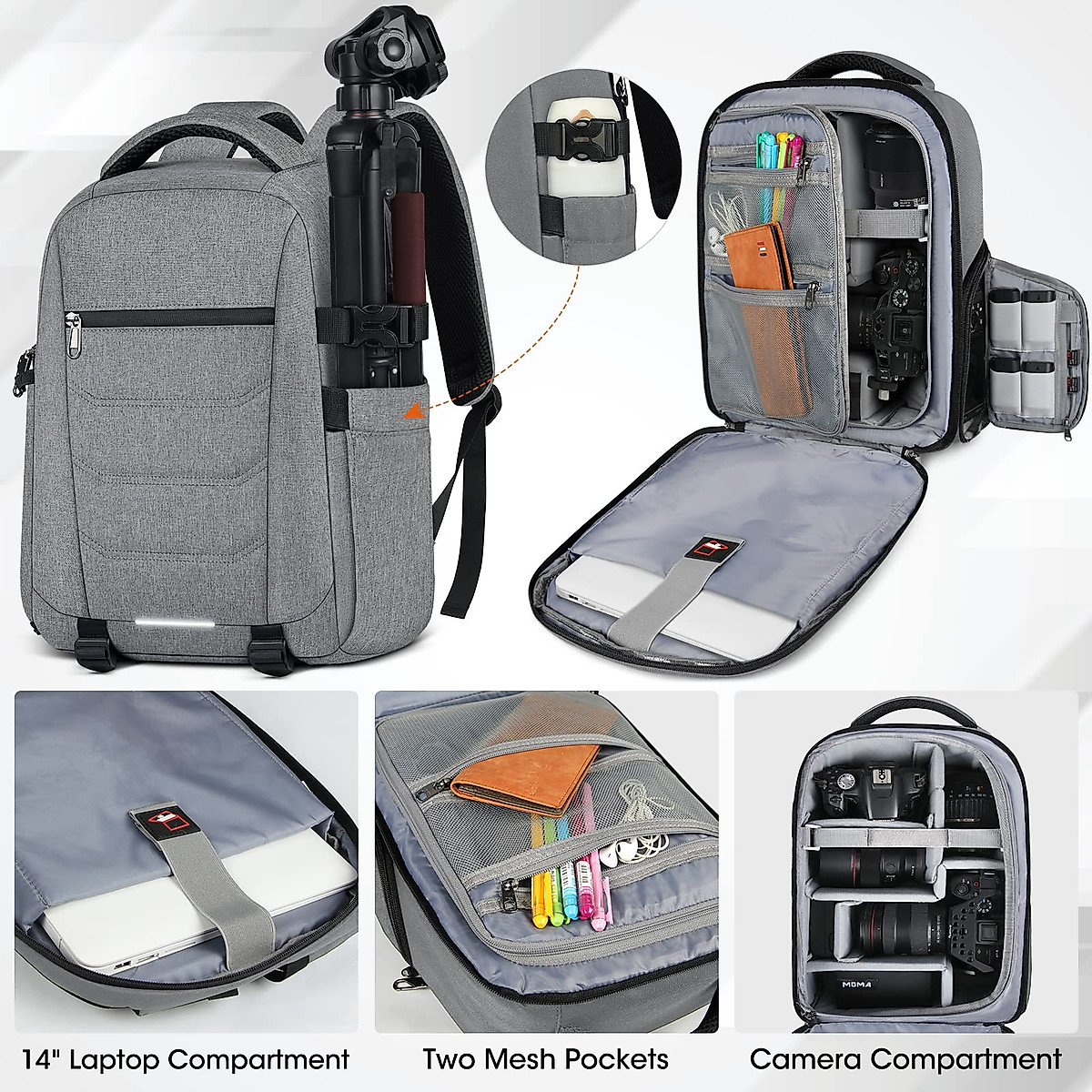 SDYSM Camera Bag Backpack Professional for DSLR SLR Mirrorless Camera Waterproof Camera Laptop Backpack 14 Inch with Rain Cover Anti Theft Travel Camera Case Large Capacity Photography Backpack Grey