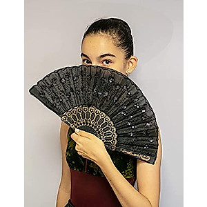 Hithop Hand Fan (Black) - Elegant Fabric Folding Hand Fan - Snaps Open, Easy to Handle. Cools effortlessly. Perfect Ballet and Dance Fan.