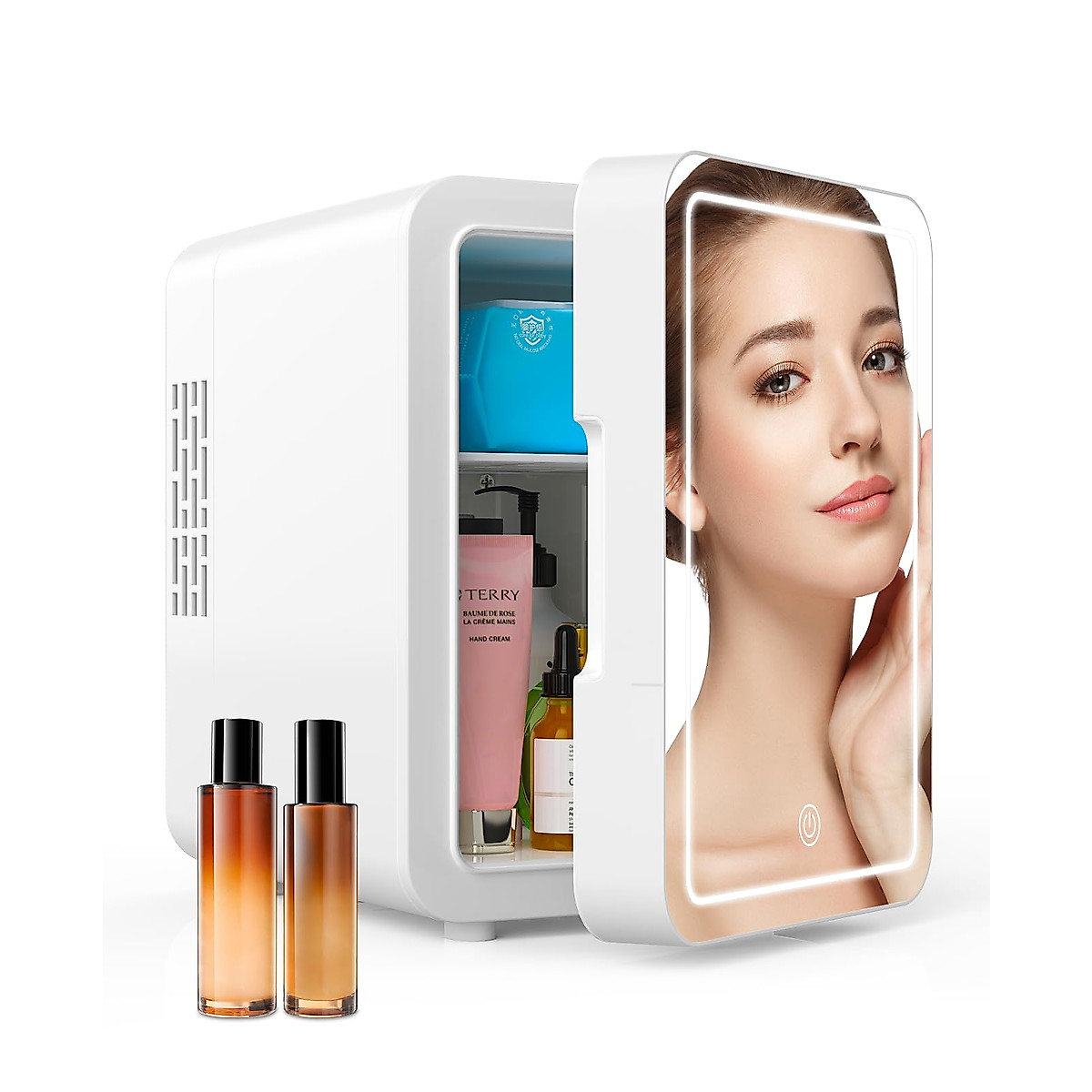 Oterbear 4L Mini Skincare Fridge, Makeup Fridge with Dimmable LED Light Mirror, Cooler and Warmer, Cosmetic Refrigerator for Bedroom, Office, Dorm and Car, White