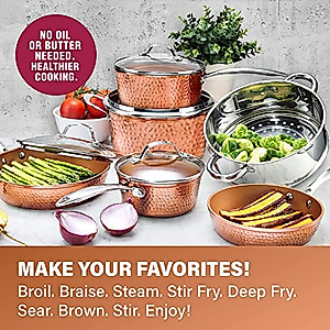 Gotham Steel Pots and Pans Set – Premium Ceramic Cookware with Triple Coated Ultra Nonstick Surface for Even Heating, Oven, Stovetop & Dishwasher Safe, 10 Piece, Hammered Copper