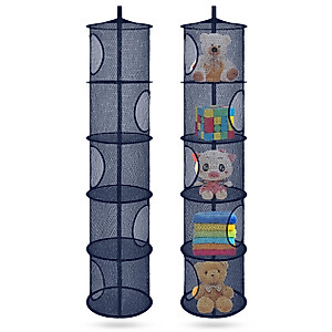 Libeder Stuffed Animal Storage Mesh Hanging Storage Space Saver Bags Organizer,Foldable Storage Organizer 5 Compartments Toy Storage Basket for Kids Room Bathroom 2 Sets Navy Blue